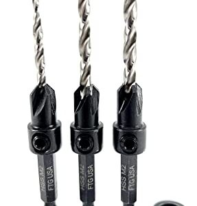 FTG USA Wood Countersink Drill Bit Set 3 Pc Countersink Drill Bit #6#8#10 Tapered Drill Bits with Improved Countersink Connection Drill Bit to Hex Shank Without Pin, 1 Stop Collar, 1 Allen Wrench