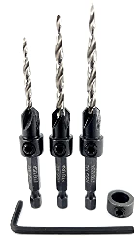 FTG USA Wood Countersink Drill Bit Set 3 Pc Countersink Drill Bit #6#8#10 Tapered Drill Bits with Improved Countersink Connection Drill Bit to Hex Shank Without Pin, 1 Stop Collar, 1 Allen Wrench