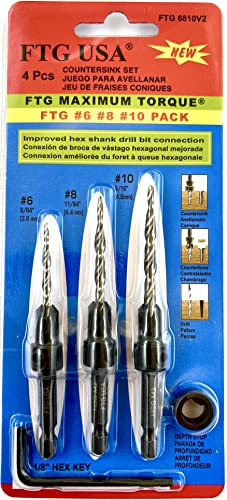 FTG USA Wood Countersink Drill Bit Set 3 Pc Countersink Drill Bit #6#8#10 Tapered Drill Bits with Improved Countersink Connection Drill Bit to Hex Shank Without Pin, 1 Stop Collar, 1 Allen Wrench