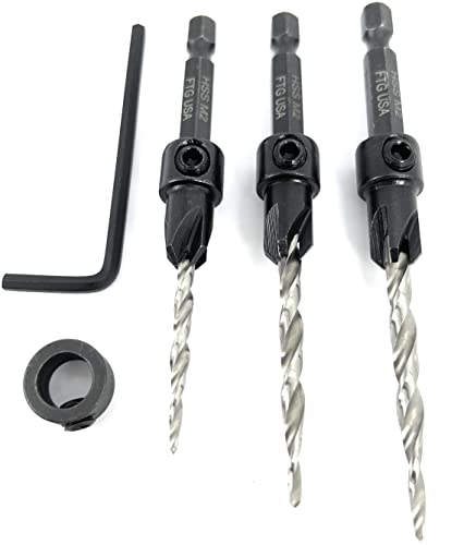 FTG USA Wood Countersink Drill Bit Set 3 Pc Countersink Drill Bit #6#8#10 Tapered Drill Bits with Improved Countersink Connection Drill Bit to Hex Shank Without Pin, 1 Stop Collar, 1 Allen Wrench