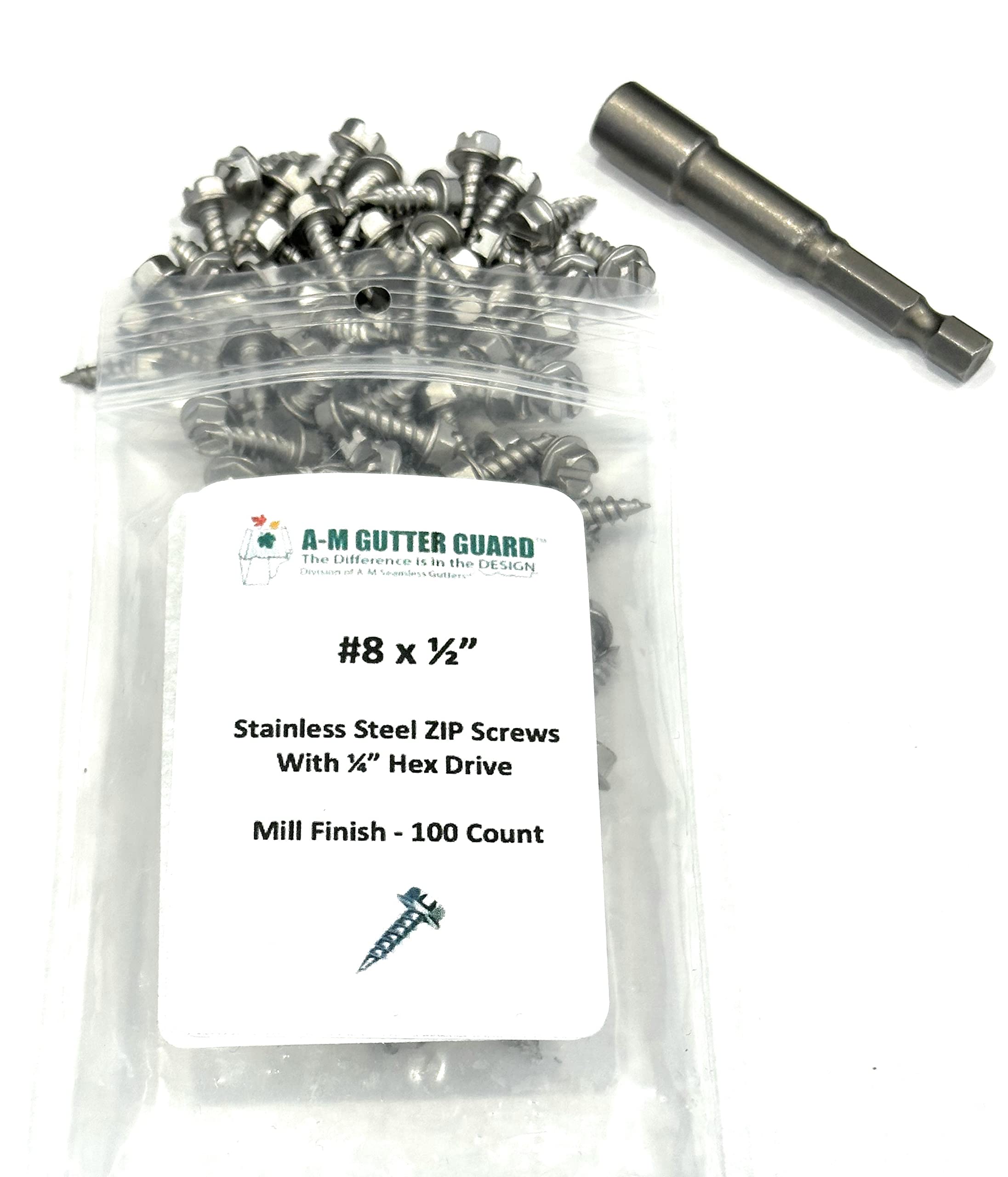 A-M Gutter Guard - Aluminum 5" (100 Feet, Mill Finish) with 100-1/2" #8 Stainless Steel Zip Screws - Includes 1/4" Magnetic Hex Driver