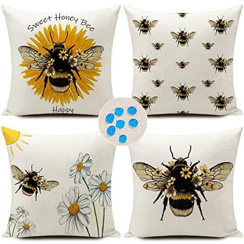 HUASHUZI Outdoor Waterproof Throw Pillow Covers Bee Cushions Pillows Case 18x18 Inch Set of 4 Patio Furniture Pillows Decorative for Home Garden Sofa Couch