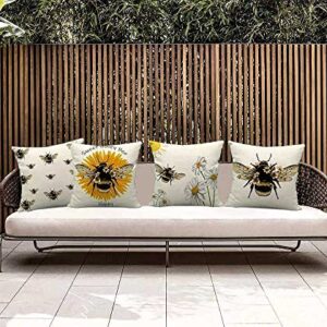 HUASHUZI Outdoor Waterproof Throw Pillow Covers Bee Cushions Pillows Case 18x18 Inch Set of 4 Patio Furniture Pillows Decorative for Home Garden Sofa Couch