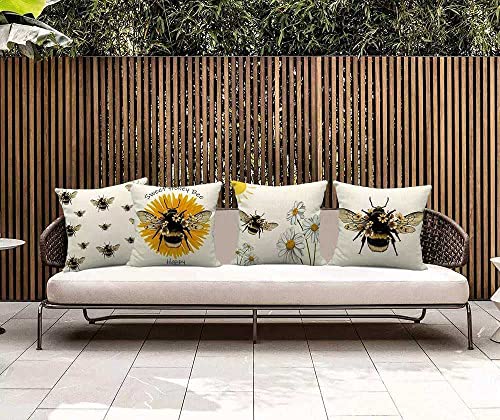 HUASHUZI Outdoor Waterproof Throw Pillow Covers Bee Cushions Pillows Case 18x18 Inch Set of 4 Patio Furniture Pillows Decorative for Home Garden Sofa Couch