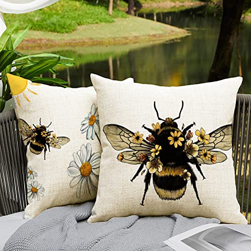 HUASHUZI Outdoor Waterproof Throw Pillow Covers Bee Cushions Pillows Case 18x18 Inch Set of 4 Patio Furniture Pillows Decorative for Home Garden Sofa Couch