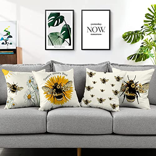 HUASHUZI Outdoor Waterproof Throw Pillow Covers Bee Cushions Pillows Case 18x18 Inch Set of 4 Patio Furniture Pillows Decorative for Home Garden Sofa Couch