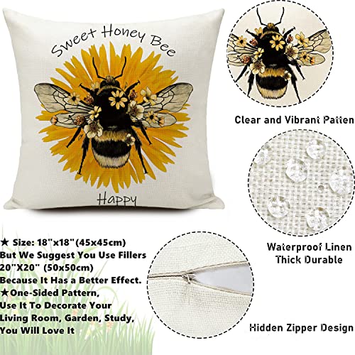 HUASHUZI Outdoor Waterproof Throw Pillow Covers Bee Cushions Pillows Case 18x18 Inch Set of 4 Patio Furniture Pillows Decorative for Home Garden Sofa Couch