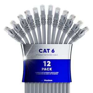 maximm cat 6 ethernet cable 15 ft, (12-pack) cat6 cable, lan cable, internet cable, patch cable and network cable - utp (gray) 15 feet ethernet cord