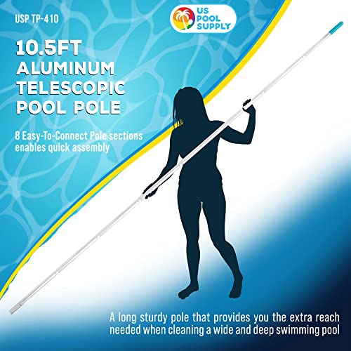 U.S. Pool Supply 10.5 Foot Aluminum Telescopic Swimming Pool Pole - 8 Adjustable Connecting Sections, Expandable Step-Up Length - Attach Connect Skimmer Nets, Rakes, Brushes, Vacuum Heads, Maintenance