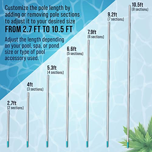 U.S. Pool Supply 10.5 Foot Aluminum Telescopic Swimming Pool Pole - 8 Adjustable Connecting Sections, Expandable Step-Up Length - Attach Connect Skimmer Nets, Rakes, Brushes, Vacuum Heads, Maintenance