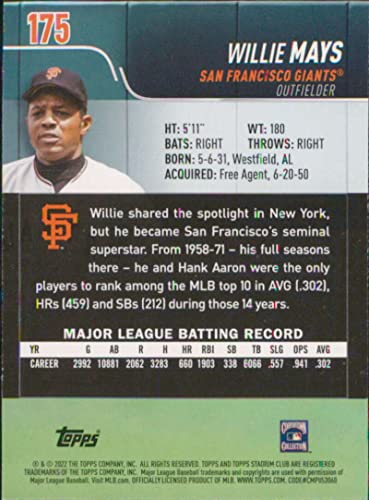 2022 TOPPS STADIUM CLUB #175 WILLIE MAYS SAN FRANCISCO GIANTS BASEBALL OFFICIAL TRADING CARD OF THE MLB