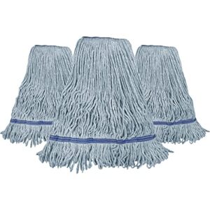 buena goods heavy duty blue commercial mop head replacement. looped end synthetic cotton blend mop refill. industrial grade reusable washable wet mop heads. durable wide universal headband. 3 pack