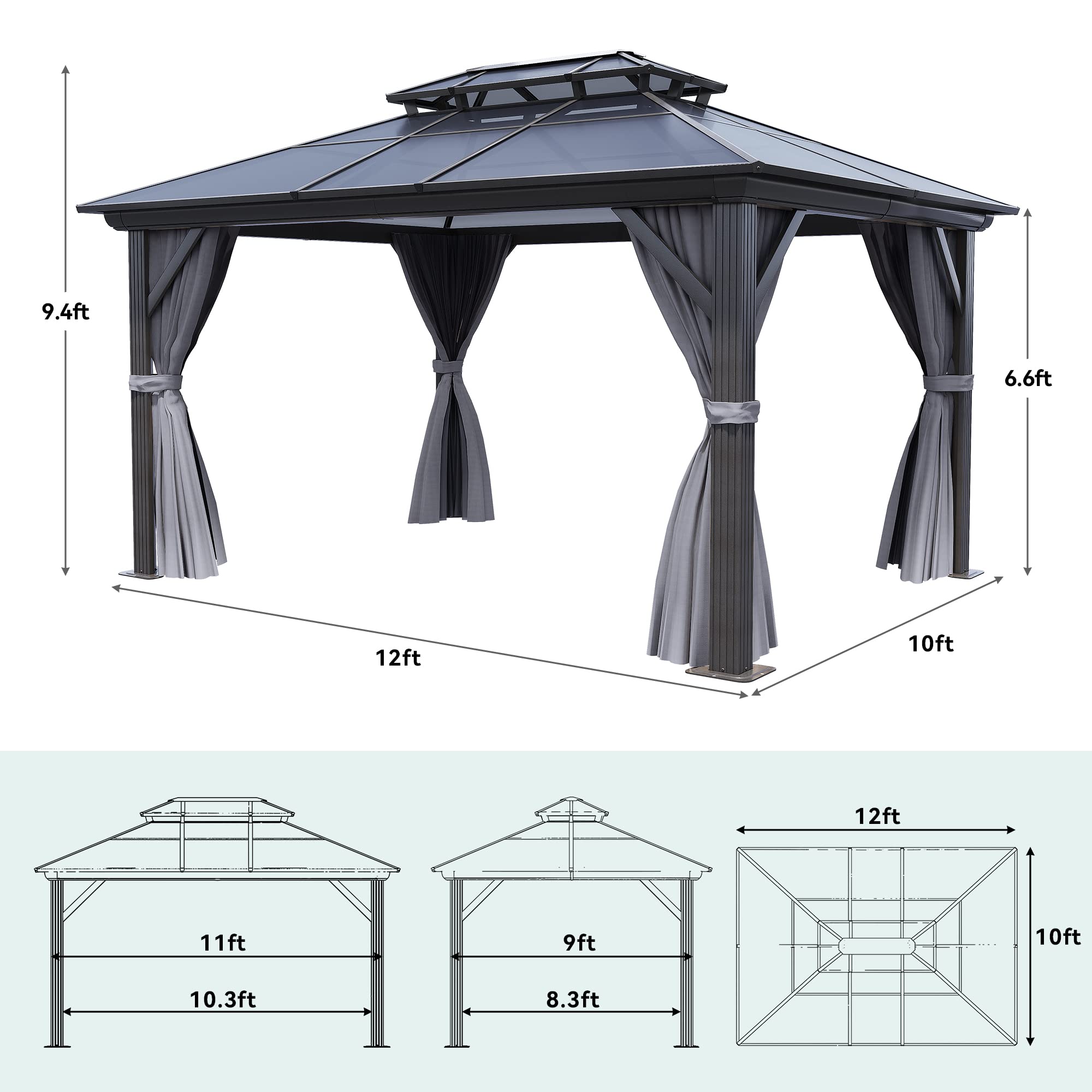 YITAHOME 10x12FT Hard-Top Gazebo Double Roof Canopy Outdoor with Netting and Shaded Curtains, Aluminum Frame Polycarbonate Hardtop Garden Tent for Patio, Backyard, Deck and Lawns, Gray