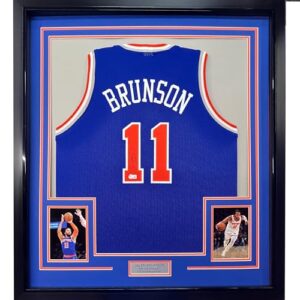 framed autographed/signed jalen brunson 33x42 new york blue basketball jersey beckett bas coa