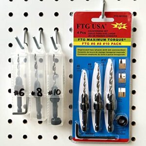 FTG USA Wood Countersink Drill Bit Set 3 Pc Countersink Drill Bit #6#8#10 with 6 Storage Containers,1 Stop Collar, 1 Allen Wrench