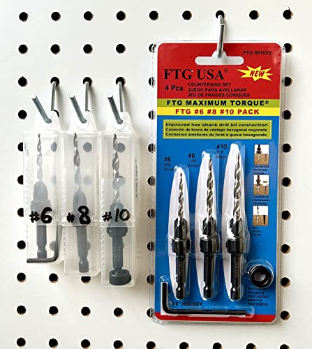 FTG USA Wood Countersink Drill Bit Set 3 Pc Countersink Drill Bit #6#8#10 with 6 Storage Containers,1 Stop Collar, 1 Allen Wrench