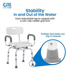 CPR Care Swivel Shower Chair for Inside Shower. 360 Degree Adjustable Height Lightweight Rotating Chair with Arms and Back for Elderly, Seniors, Handicap, Disabled Adults