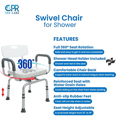 CPR Care Swivel Shower Chair for Inside Shower. 360 Degree Adjustable Height Lightweight Rotating Chair with Arms and Back for Elderly, Seniors, Handicap, Disabled Adults