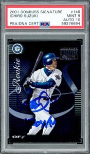 ichiro suzuki autographed 2001 donruss signature rookie card #146 seattle mariners psa 9 auto grade gem mint 10 "01 roy/mvp" pop 1#178/330 psa/dna #69276694 - baseball slabbed autographed cards