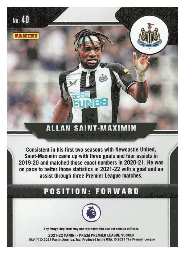 2021-22 PANINI PRIZM PREMIER LEAGUE #40 ALLAN SAINT-MAXIMIN NEWCASTLE UNITED SOCCER OFFICIAL TRADING CARD OF THE PRO