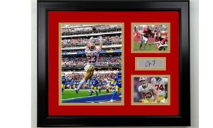 framed christian mccaffrey san francisco 49ers facsimile laser engraved signature football 15"x12" 3 photo collage