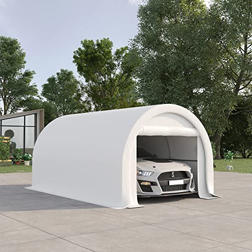 Outsunny 10' x 16' Carport, Heavy Duty Portable Garage Storage Tent with Large Zippered Door, Anti-UV PE Canopy Cover for Car, Truck, Boat, Motorcycle, Bike, Garden Tools, Outdoor Work, White