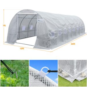 YITAHOME 26'x10'x7' Heavy Duty Greenhouses Large Walk-in Greenhouse Tunnel Green Houses Outdoor Gardening Upgraded Galvanized Steel Stake Ropes Zipper Door 9 Crossbars Garden, White