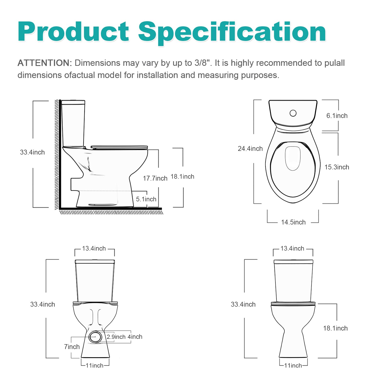 Simple Project 19inch Tall Toilet | Elongated Toilets 1.28GPF Powerful Dual Flush | Rear Outlet Toilet, High Toilets For Seniors, Disabled & Tall Person