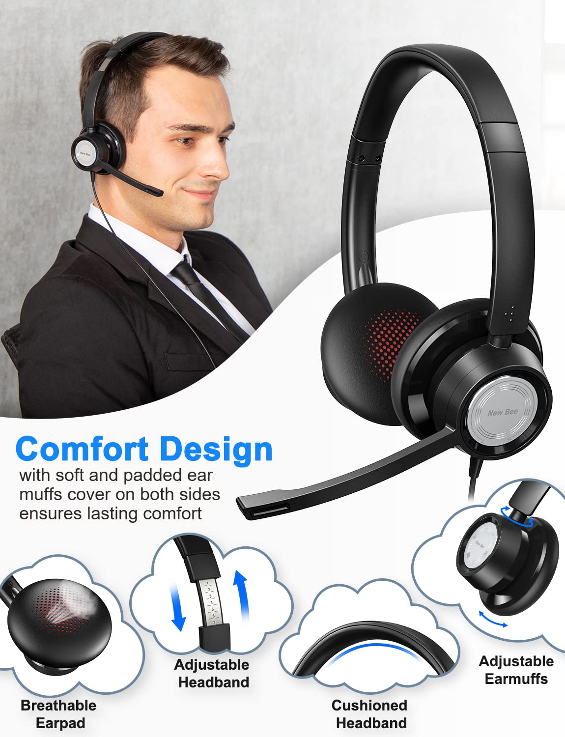 New bee USB Headset 270° Rotatable Microphone Computer Headset in-line Controls Call Center Stereo Wired PC Headset Ultra Comfort for Skype, Zoom, Laptop, Phone, PC, Tablet