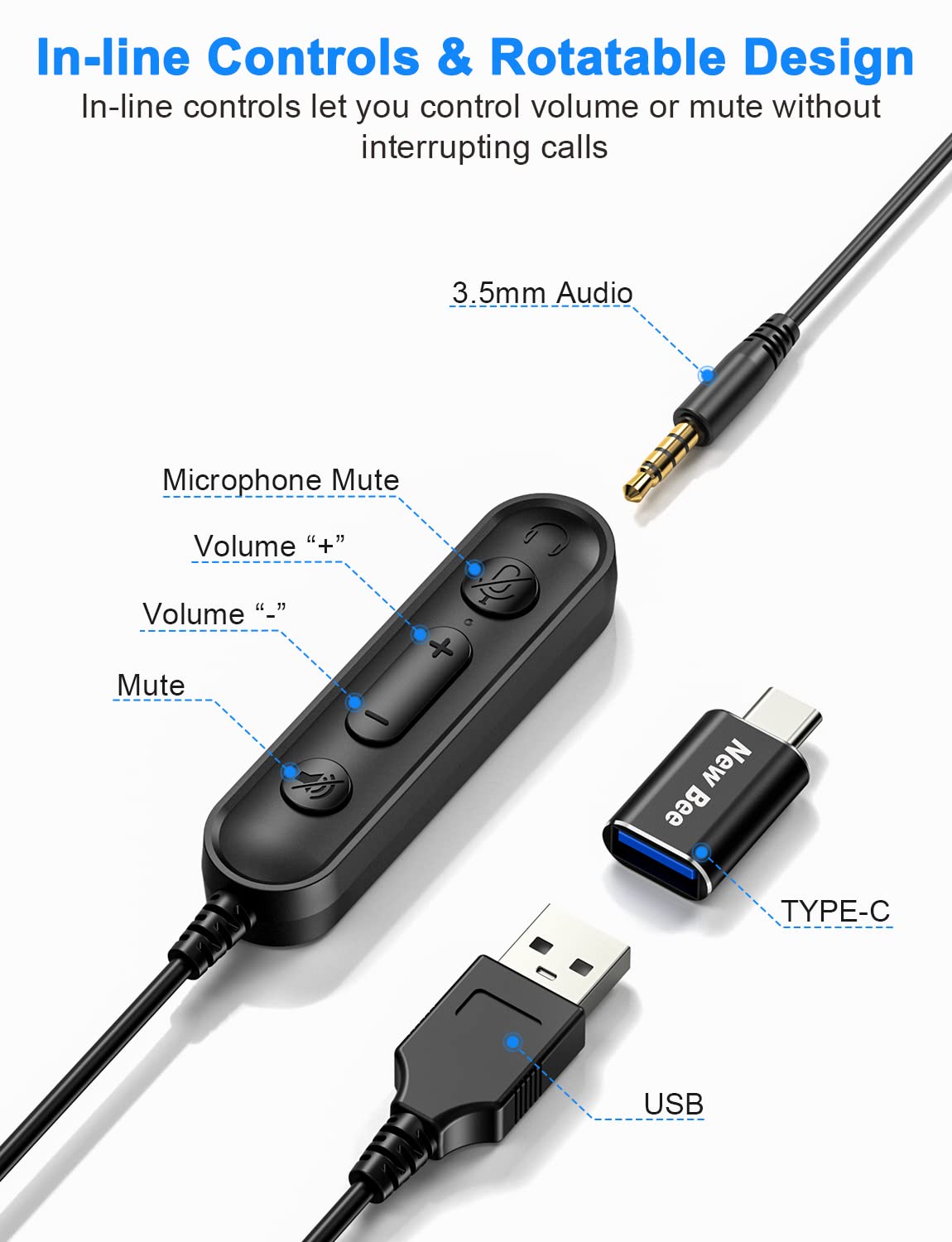 New bee USB Headset 270° Rotatable Microphone Computer Headset in-line Controls Call Center Stereo Wired PC Headset Ultra Comfort for Skype, Zoom, Laptop, Phone, PC, Tablet