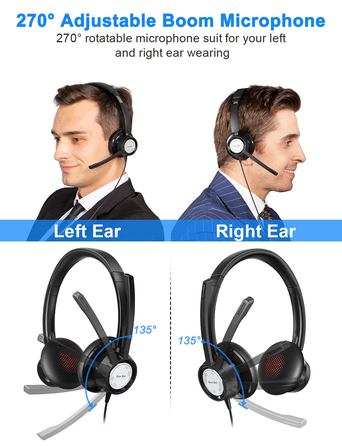 New bee USB Headset 270° Rotatable Microphone Computer Headset in-line Controls Call Center Stereo Wired PC Headset Ultra Comfort for Skype, Zoom, Laptop, Phone, PC, Tablet