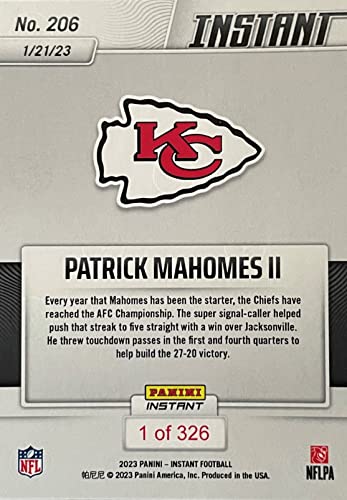 New 2023 Panini Instant PATRICK MAHOMES II Authentic Football Card #206 (5th Straight AFC Championship Game) - LIMITED PRODUCTION of ONLY 326 - Kansas City Chiefs