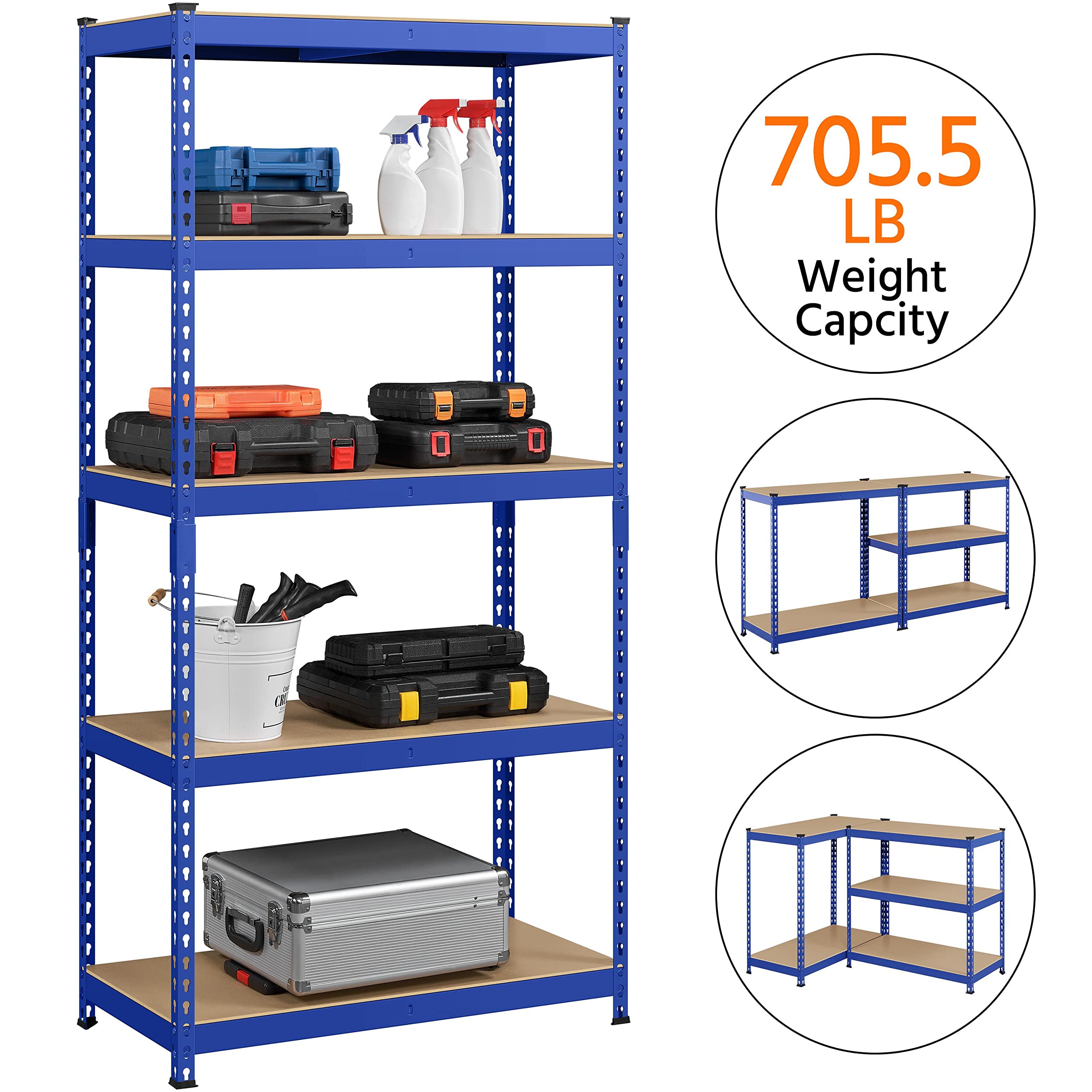 Topeakmart 4PCS 5-Tier Utility Shelves, Metal Storage Shelves Garage Shelving Unit Adjustable Garage Storage Shelves Storage Racks Heavy Duty Shed Shelving- Blue, 35.5 x 17.5 x 72 Inch