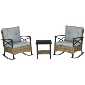 outsunny 3 piece patio rocking chair set, outdoor wicker bistro set with 2 cushioned porch rockers, 2 tier coffee table, for gaden, patio, light gray