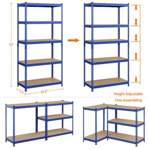 Topeakmart 4PCS 5-Tier Utility Shelves, Metal Storage Shelves Garage Shelving Unit Adjustable Garage Storage Shelves Storage Racks Heavy Duty Shed Shelving- Blue, 35.5 x 17.5 x 72 Inch