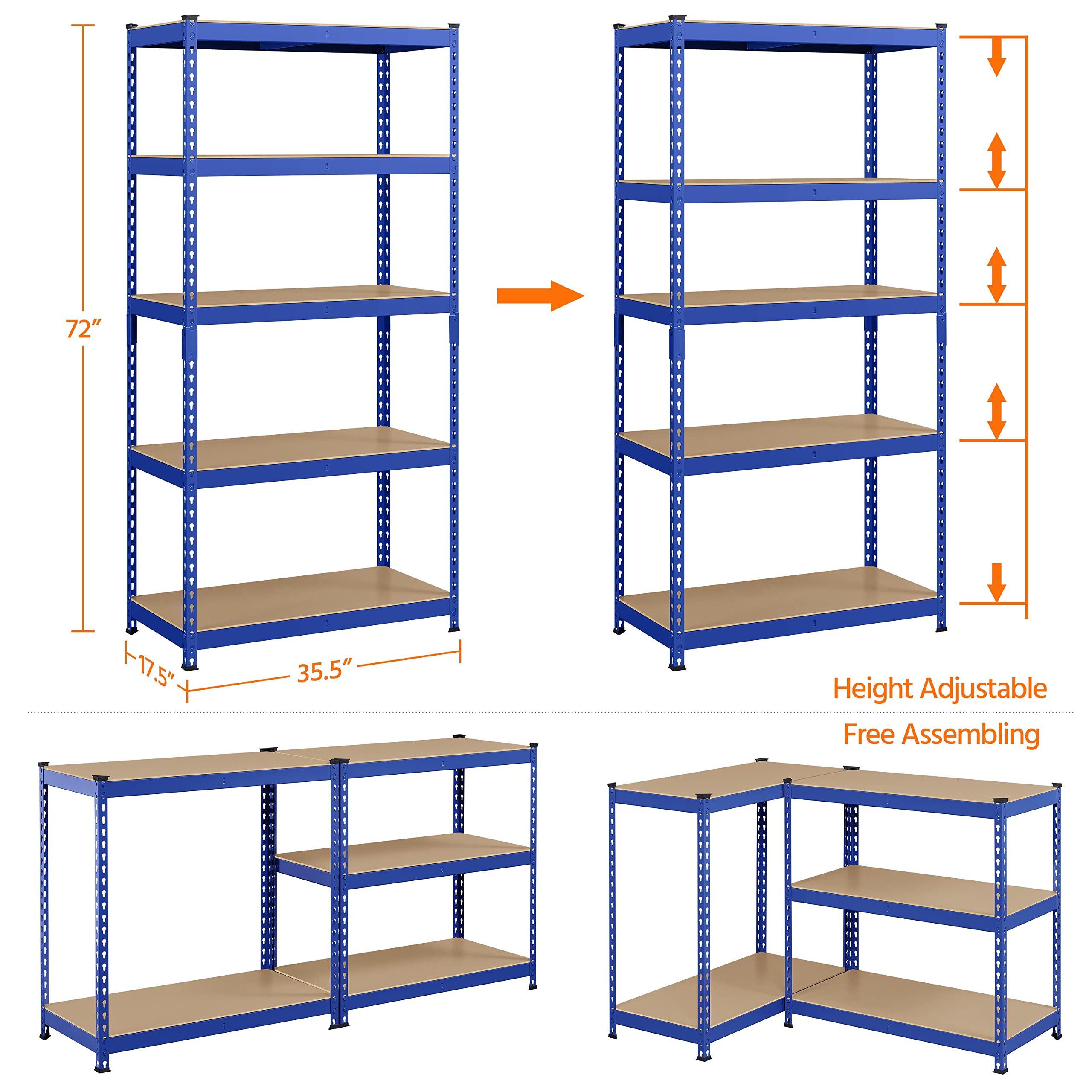 Topeakmart 4PCS 5-Tier Utility Shelves, Metal Storage Shelves Garage Shelving Unit Adjustable Garage Storage Shelves Storage Racks Heavy Duty Shed Shelving- Blue, 35.5 x 17.5 x 72 Inch