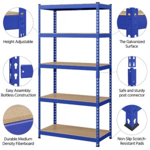 Topeakmart 4PCS 5-Tier Utility Shelves, Metal Storage Shelves Garage Shelving Unit Adjustable Garage Storage Shelves Storage Racks Heavy Duty Shed Shelving- Blue, 35.5 x 17.5 x 72 Inch