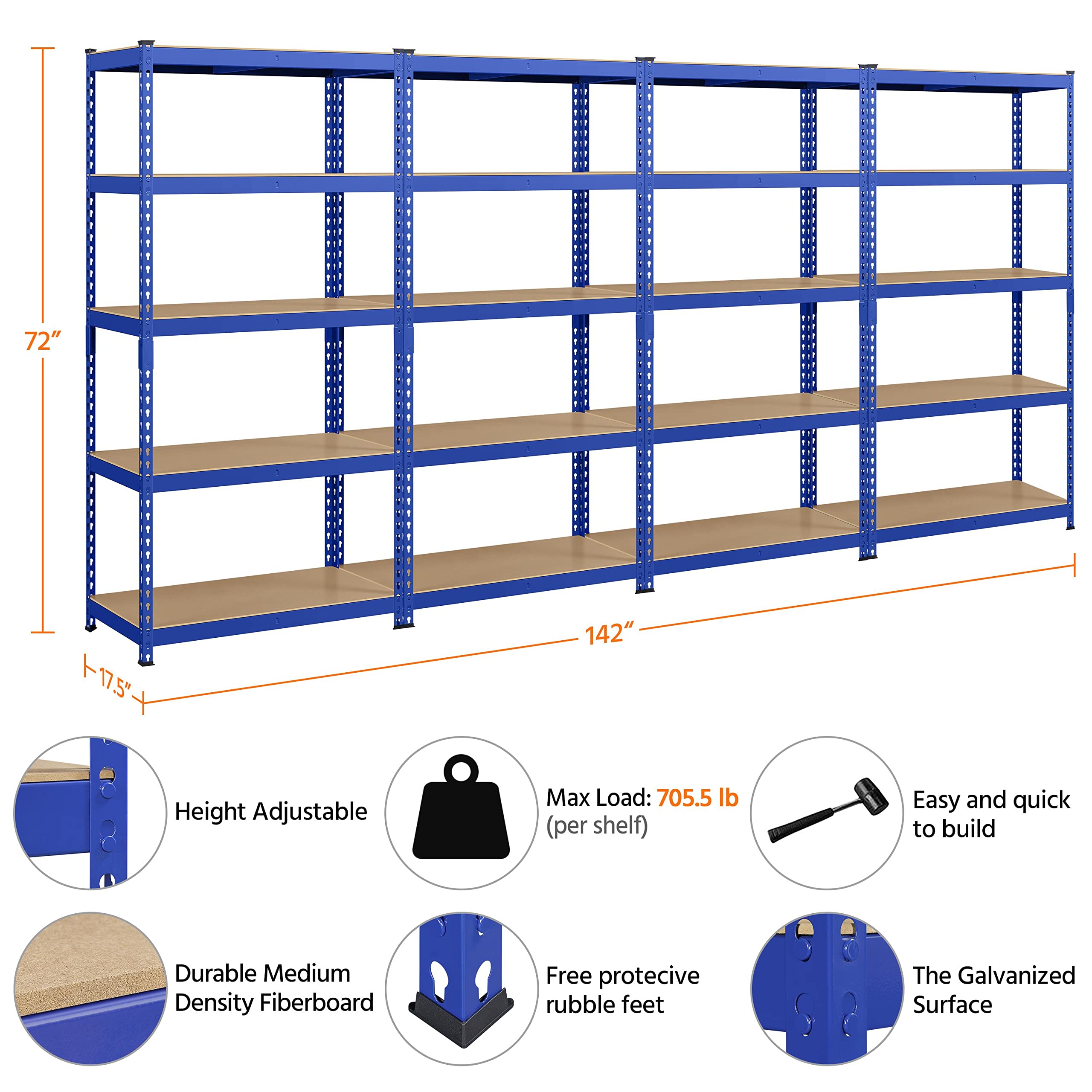 Topeakmart 4PCS 5-Tier Utility Shelves, Metal Storage Shelves Garage Shelving Unit Adjustable Garage Storage Shelves Storage Racks Heavy Duty Shed Shelving- Blue, 35.5 x 17.5 x 72 Inch