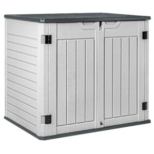 devoko resin outdoor storage shed 28 cu ft horizontal outdoor storage cabinet waterproof patio tools storage box for pool toys, sofa cushion, lawn mower and garbage cans