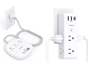 one beat flat plug power strip + rotating plug surge protector, multi plug outlet with usb and usb c ports