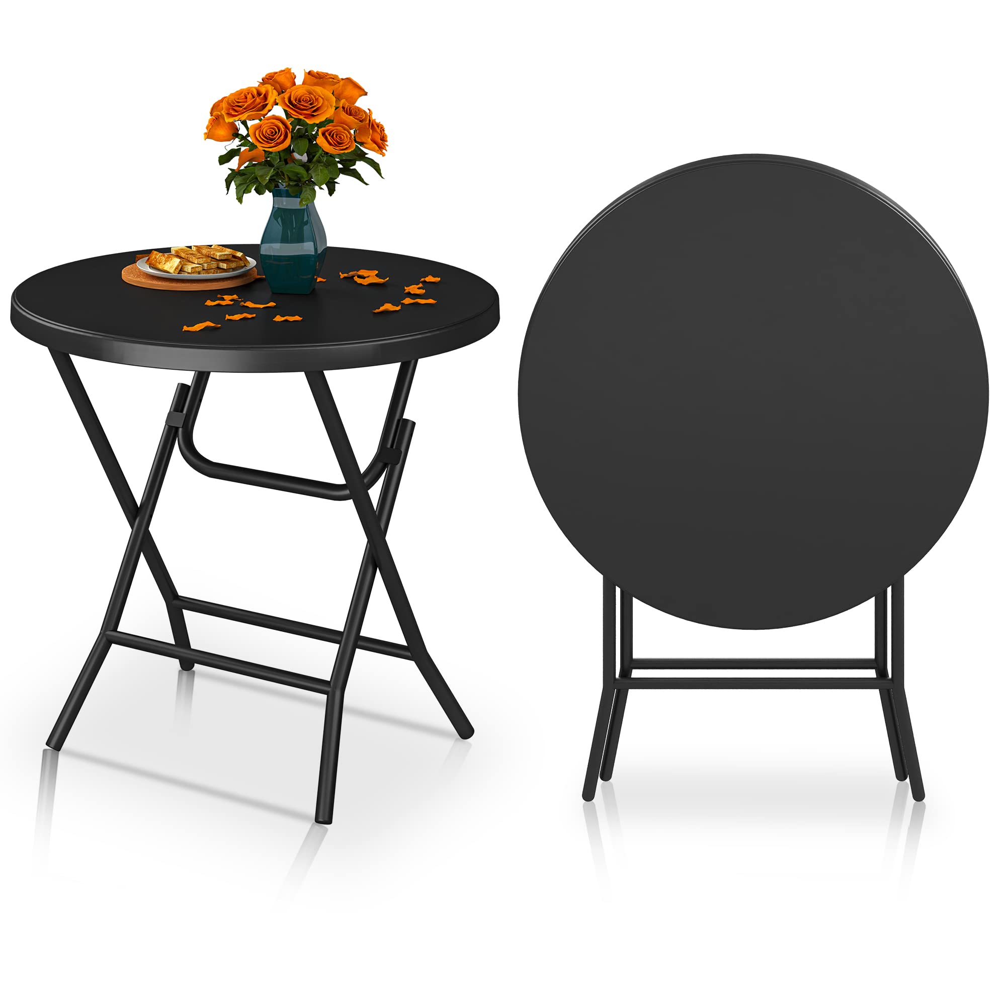 YITAHOME 32 Inch Round Folding Table for Outdoor/Indoor, Lightweight Foldable Table w/Thick Table Top and Sturdy Metal Frame, Ideal for Patio Backyard Dining Room Events, Black