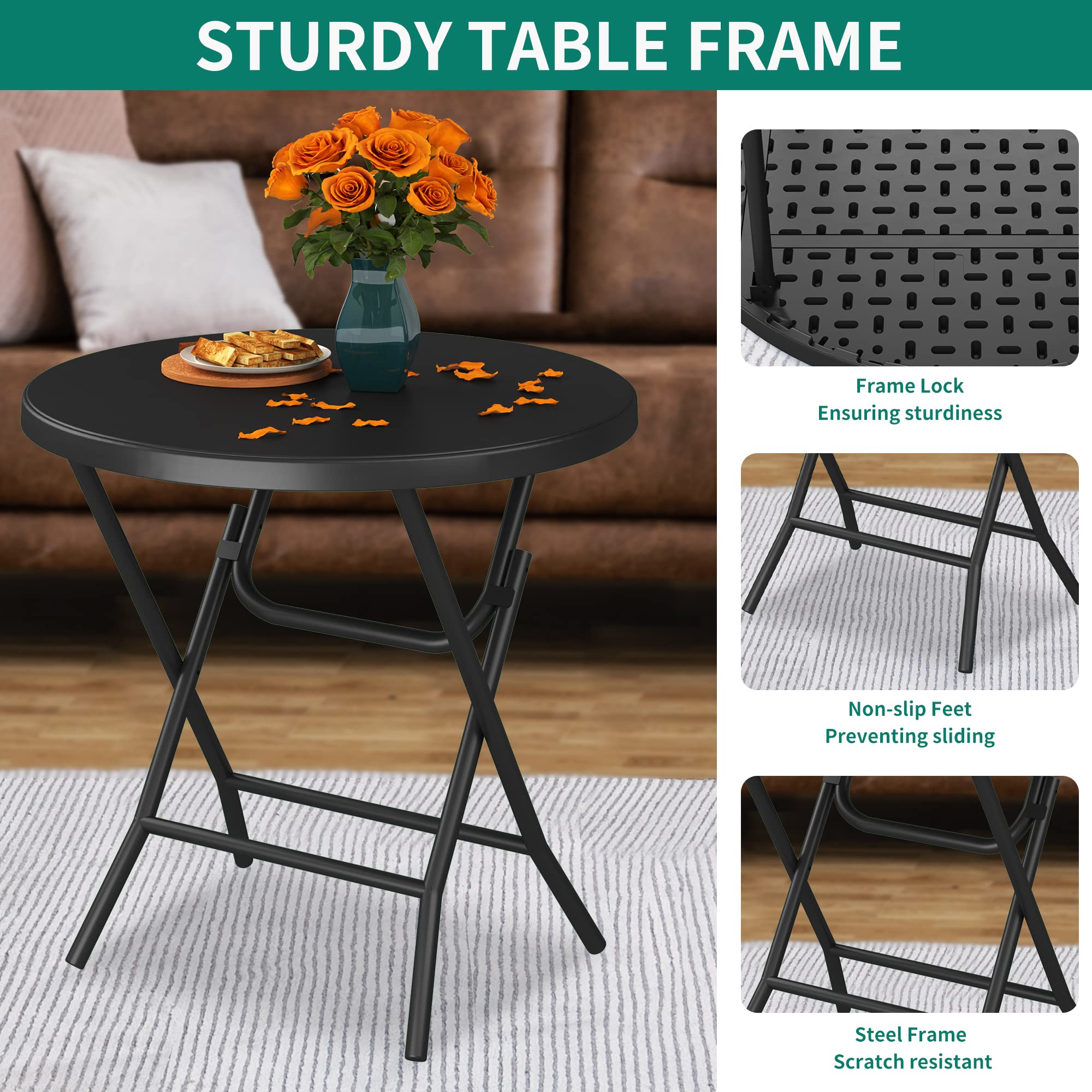 YITAHOME 32 Inch Round Folding Table for Outdoor/Indoor, Lightweight Foldable Table w/Thick Table Top and Sturdy Metal Frame, Ideal for Patio Backyard Dining Room Events, Black