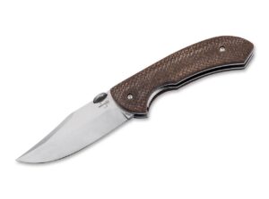 boker plus pocket bowie liner lock folding pocket knife, edc folder, burlap micarta scales, d2 blade, 3 finger compact carry, designed by chuck gedraitis