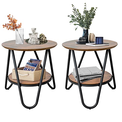 ECOMEX Outdoor Side Tables Set of 2, 2 Tier Round Metal Patio Side Table Small Outdoor Side Table with Metal Frame, Industrial Outdoor Table for Bedroom Balcony Patio,Rustic Brown 2PCS