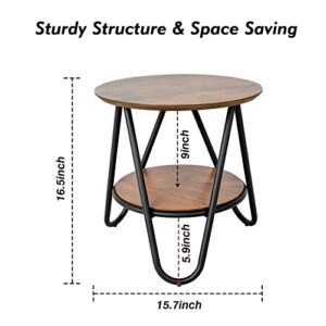 ECOMEX Outdoor Side Tables Set of 2, 2 Tier Round Metal Patio Side Table Small Outdoor Side Table with Metal Frame, Industrial Outdoor Table for Bedroom Balcony Patio,Rustic Brown 2PCS