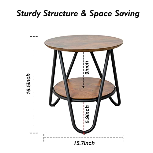 ECOMEX Outdoor Side Tables Set of 2, 2 Tier Round Metal Patio Side Table Small Outdoor Side Table with Metal Frame, Industrial Outdoor Table for Bedroom Balcony Patio,Rustic Brown 2PCS