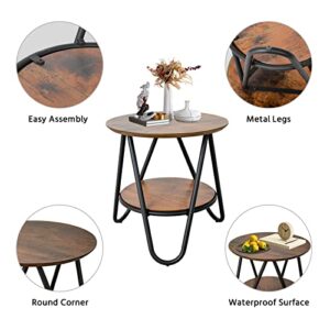 ECOMEX Outdoor Side Tables Set of 2, 2 Tier Round Metal Patio Side Table Small Outdoor Side Table with Metal Frame, Industrial Outdoor Table for Bedroom Balcony Patio,Rustic Brown 2PCS