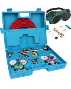 gas welding cutting kit oxygen acetylene torch portable tool set oxy brazing welder kit professional precision instrument with two hose, tips, goggles, blue carrying case