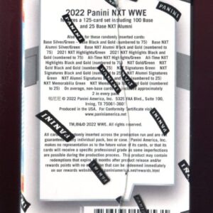 2022 PANINI WWE NXT 2.0 WRESTLING FACTORY SEALED BLASTER BOX 90 CARDS. 6 PACKS OF 15 CARDS. Look for 12 Inserts or parallels per box on average. Chase Autographs of your favorite NXT and alumni wrestlers including Alexa Bliss, Charlotte Flair, Bayley, Car