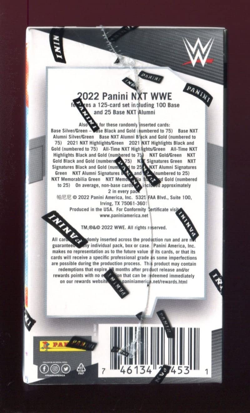 2022 PANINI WWE NXT 2.0 WRESTLING FACTORY SEALED BLASTER BOX 90 CARDS. 6 PACKS OF 15 CARDS. Look for 12 Inserts or parallels per box on average. Chase Autographs of your favorite NXT and alumni wrestlers including Alexa Bliss, Charlotte Flair, Bayley, Car